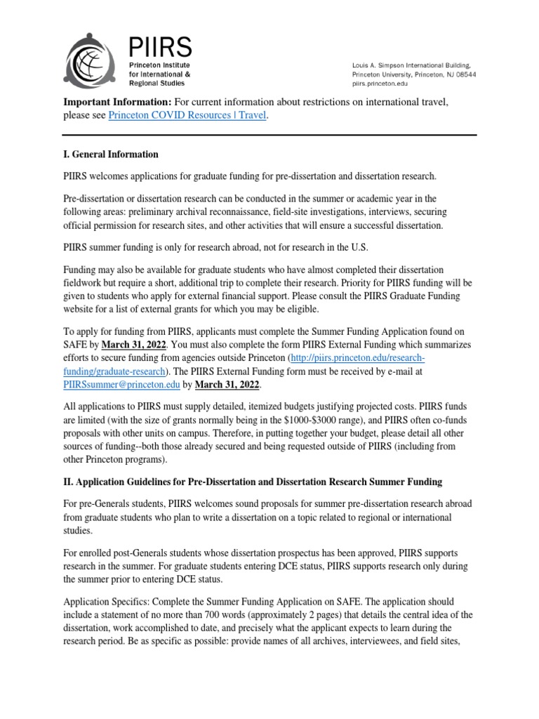 PIIRS Summer Funding Application Guidelines for Pre-Dissertation and Dissertation Research | PDF