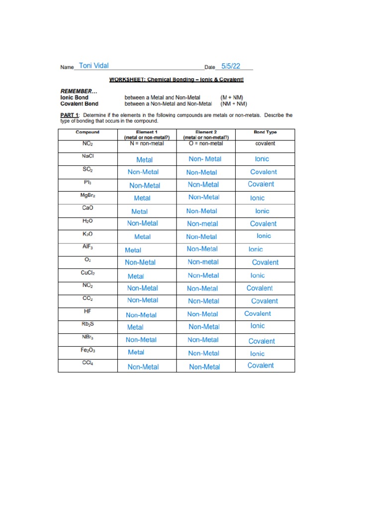 Ionic and Covalent Bonding Worksheet | PDF