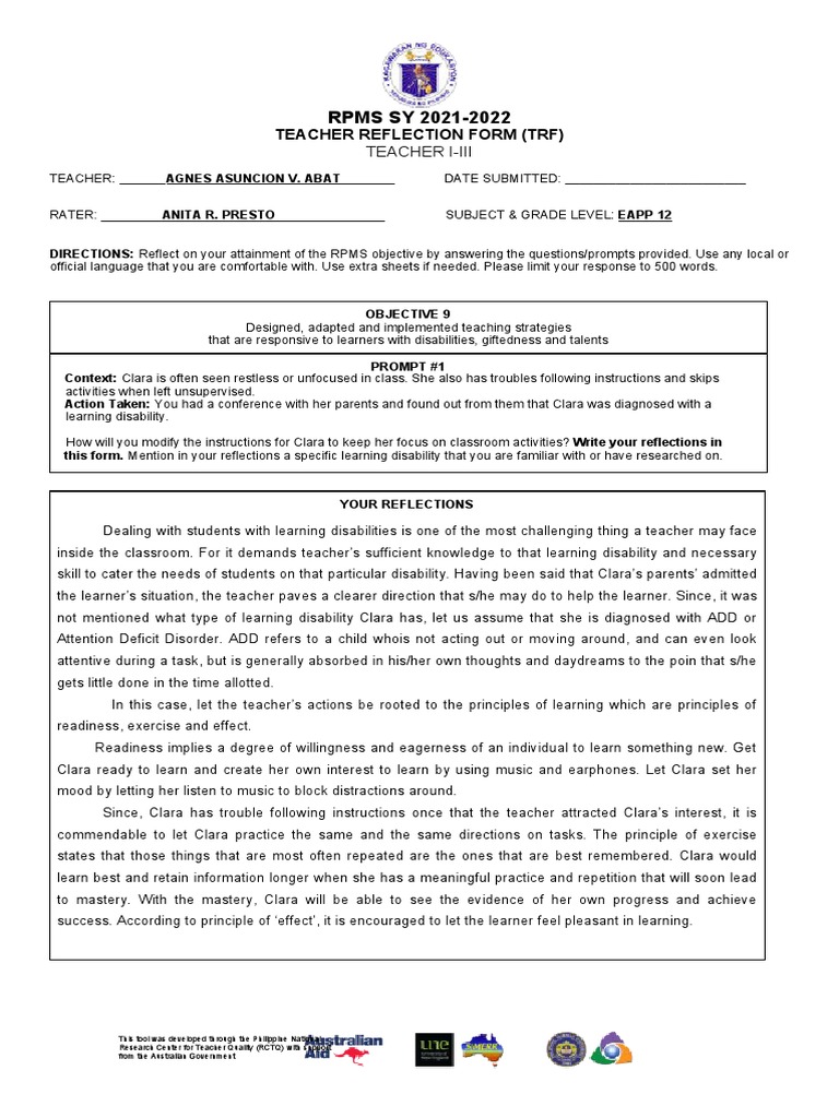 TRF Objective 9 | PDF | Learning | Lesson Plan
