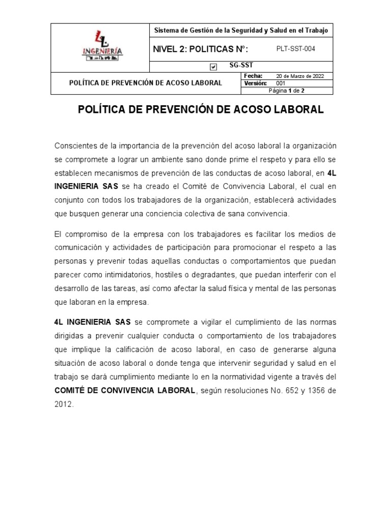 Plt Sst 004 Política De Prevención De Acoso Laboral Pdf