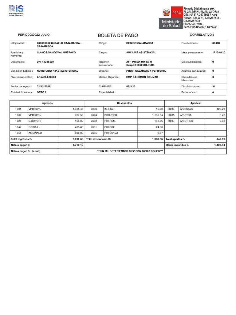 Bol Pago Dni 44235527 2022-Julio Pago de Pup Personal Nombrado PDF | PDF