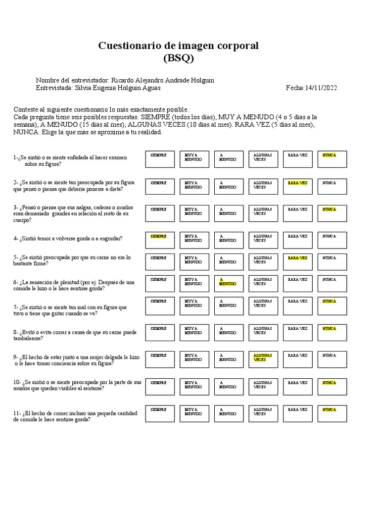 Cuestionario de Imagen Corporal (BSQ) | PDF