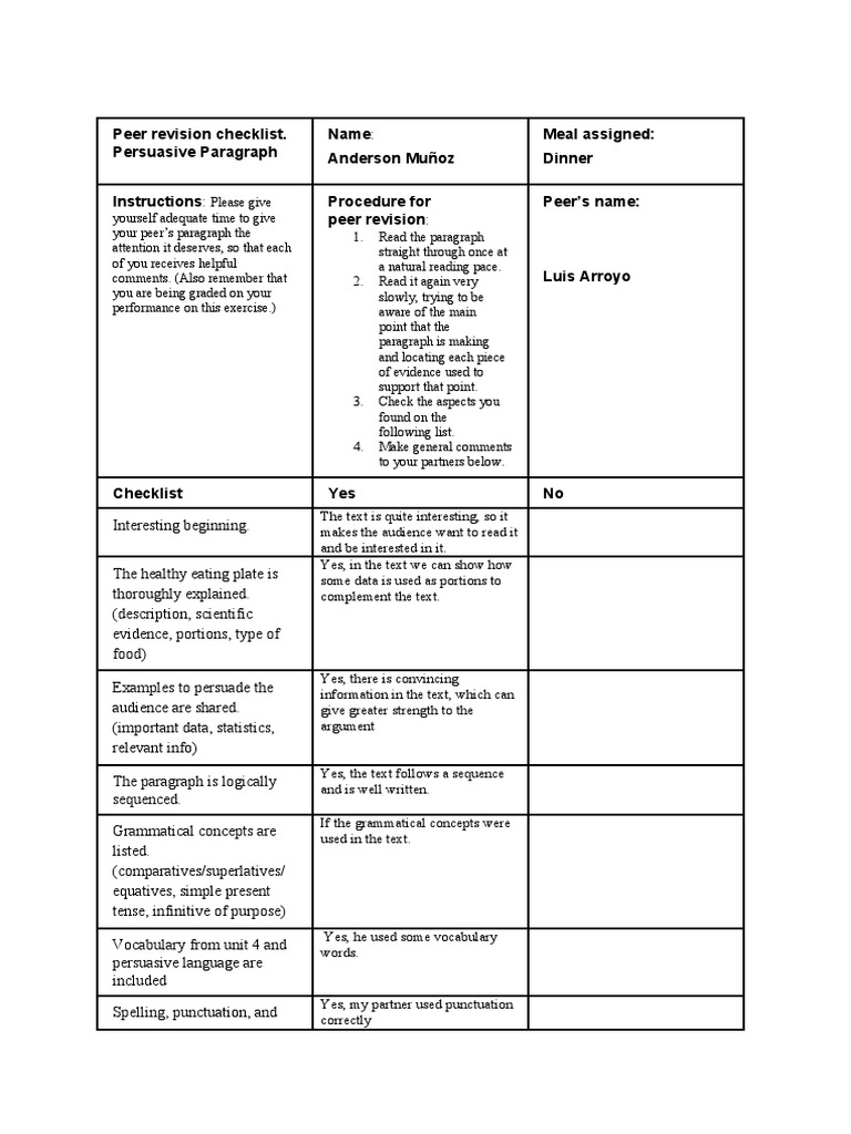 Peer Revision Checklist Anderson Muñoz | PDF