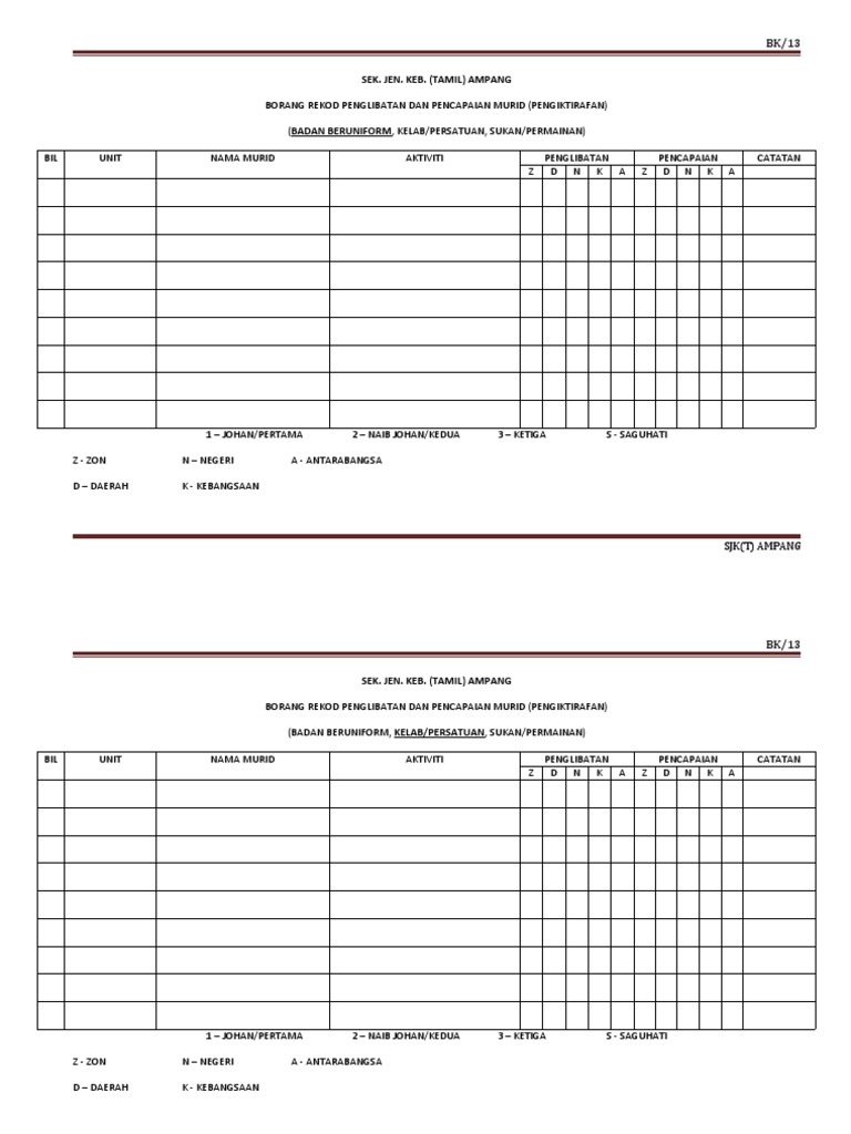 BK 13 - Borang Rekod Pencapaian Guru Dan Murid | PDF