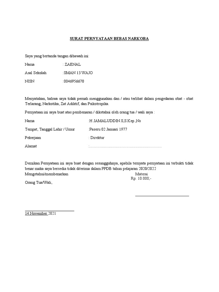 Contoh Format Surat Keterangan Bebas Narkoba | PDF