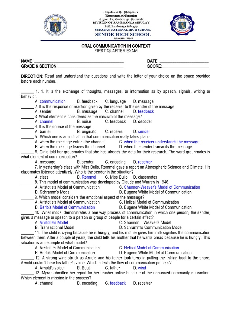 Oral Communication Exam Questions | PDF