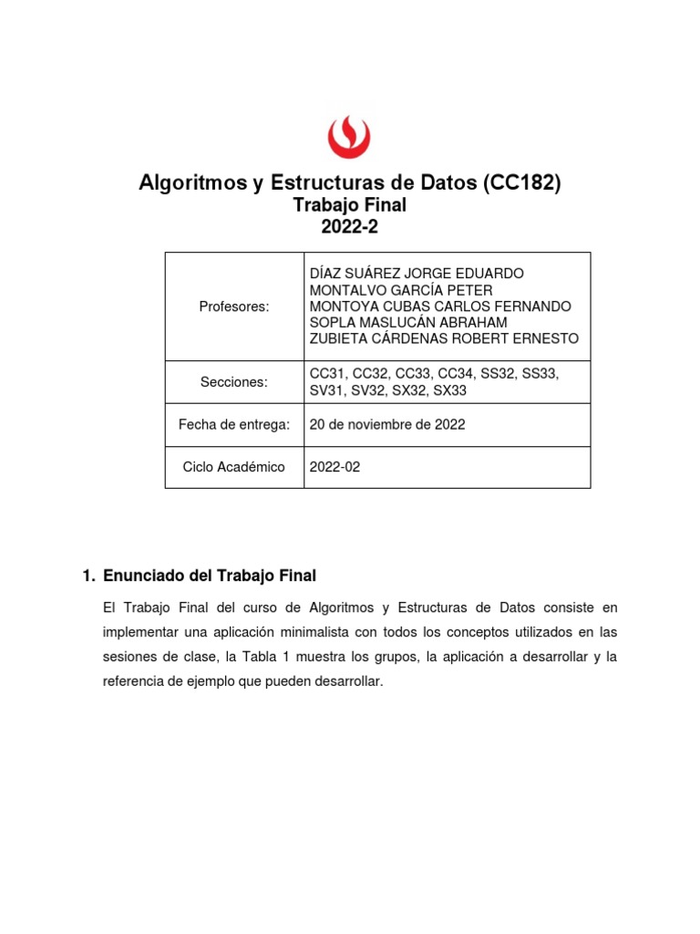 CC182 - Algoritmos y Estructuras de Datos - Enunciado Trabajo Final 2022-02 | PDF | Informática ...