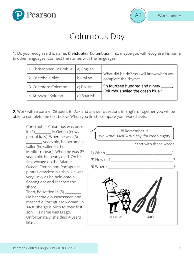A2 Teenagers Columbus Day Lesson Plan Worksheet A | PDF | Christopher ...