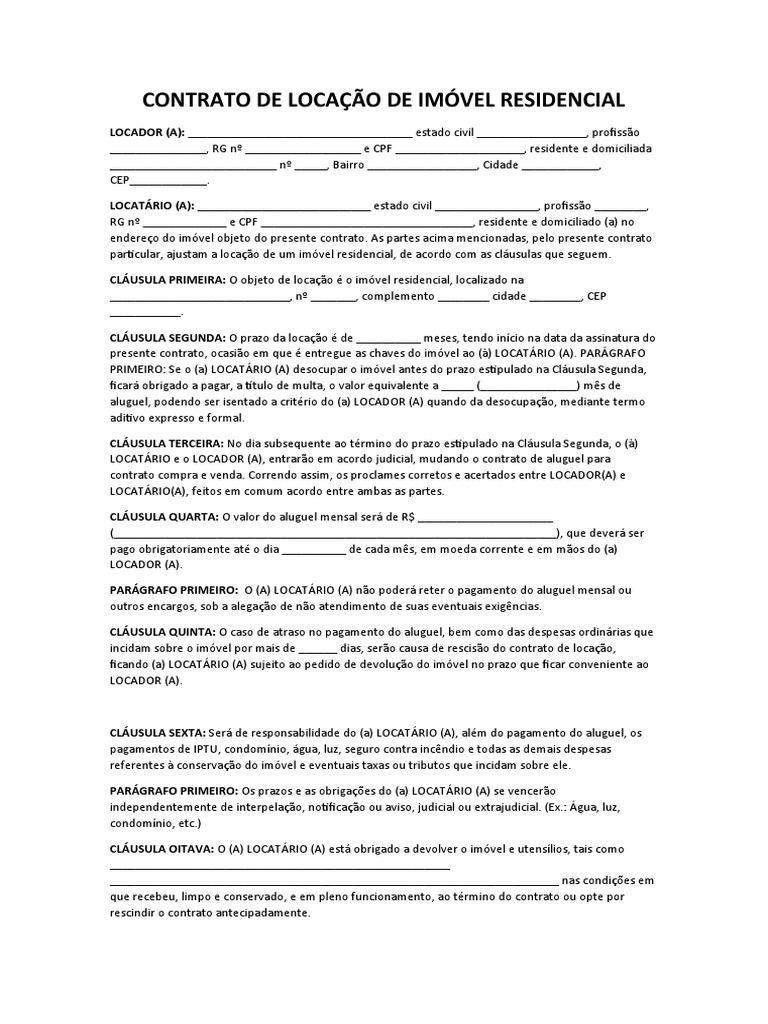 Contrato De Locação De Imóvel Residencial Simples Para Preencher Pdf
