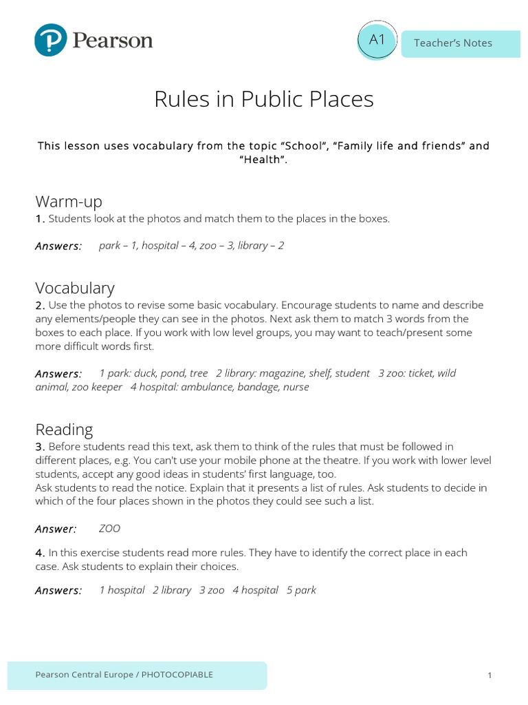 A1 Teenagers Rules in Public Places Lesson Plan Teacher S Notes | PDF