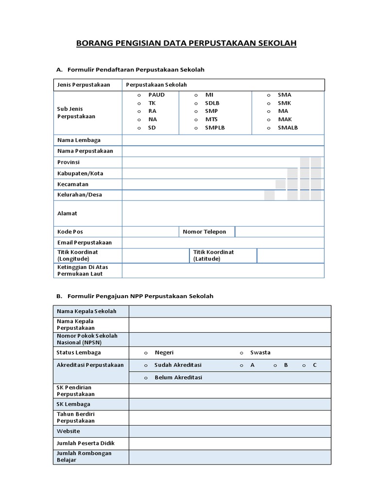 Borang Pengisian Data Perpustakaan Sekolah | PDF