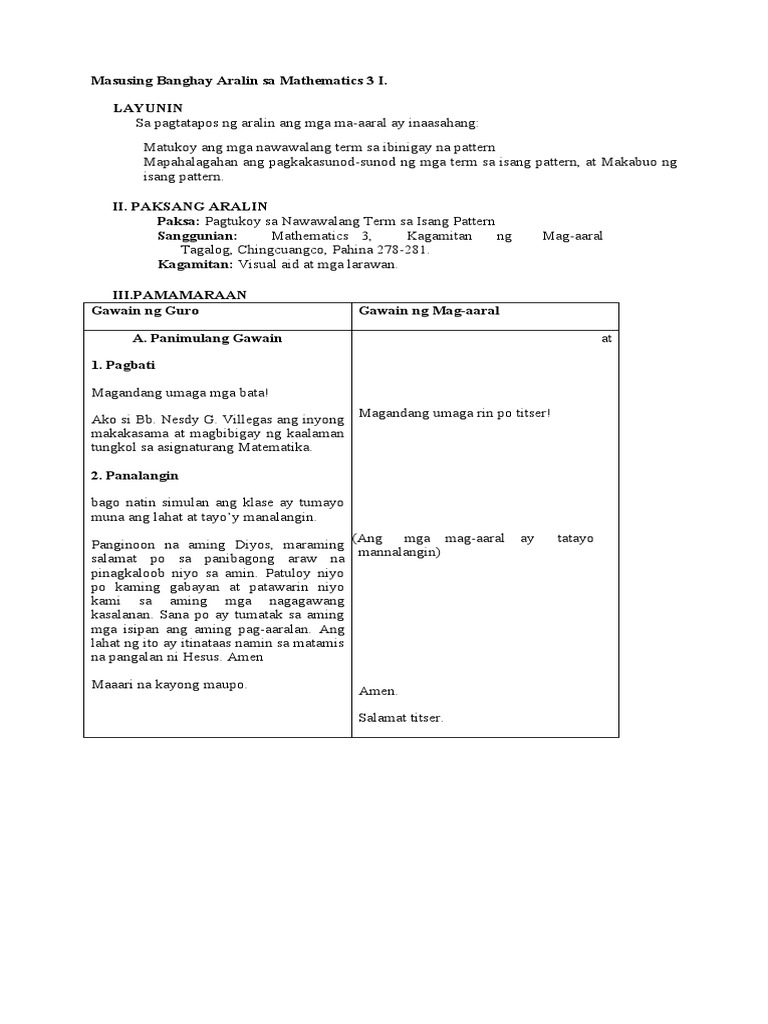 Masusing Banghay Aralin Sa Matematika | PDF Masusing Banghay Aralin Sa Matematika | PDF