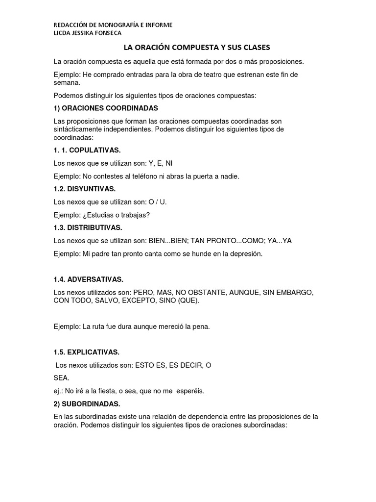 Unidad 1 La Oración Compuesta (1) (9) Tema 1 | PDF
