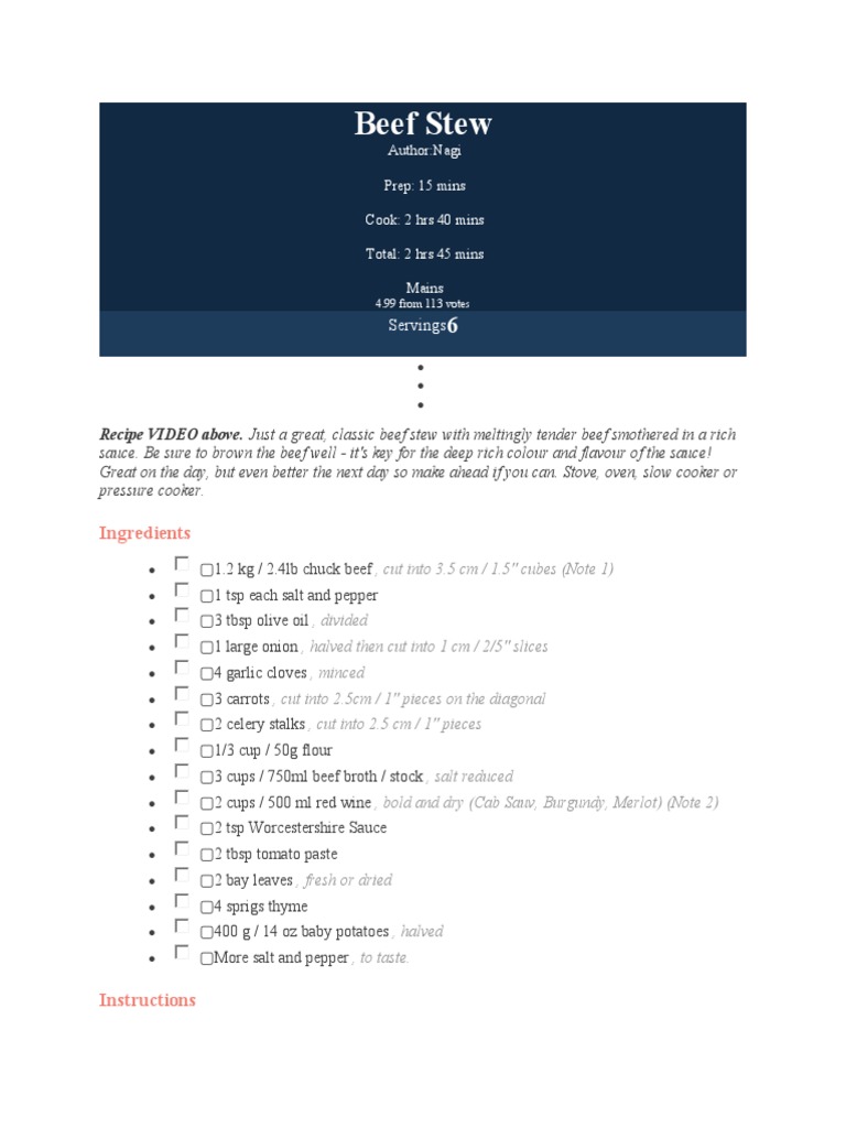 Classic Beef Stew Recipe | PDF | Cooking, Food & Wine