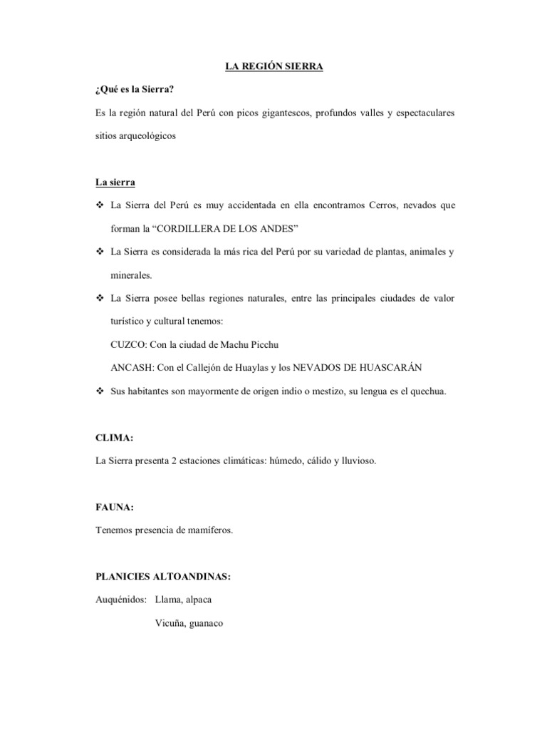 Características de la Región Sierra | PDF