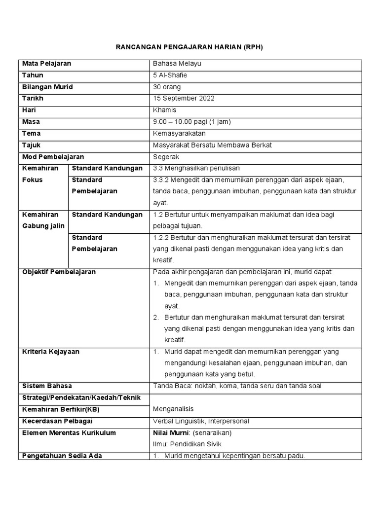 Rancangan Pengajaran Harian Kemahiran Menulis | PDF