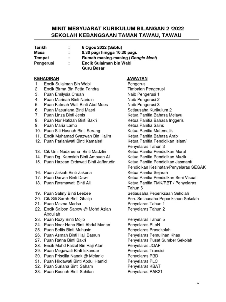 Minit Mesyuarat Kurikulum Bil.2 2022 | PDF