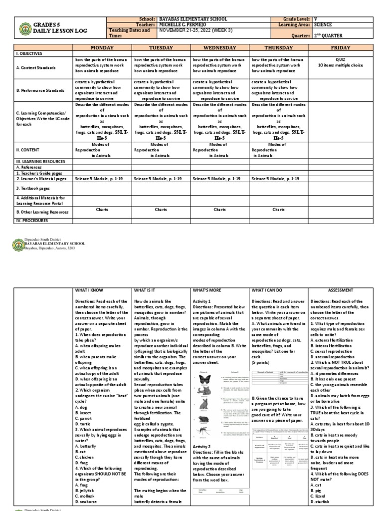 DLL - Science 5 - Q2 - W3 | PDF | Reproduction | Sexual Reproduction