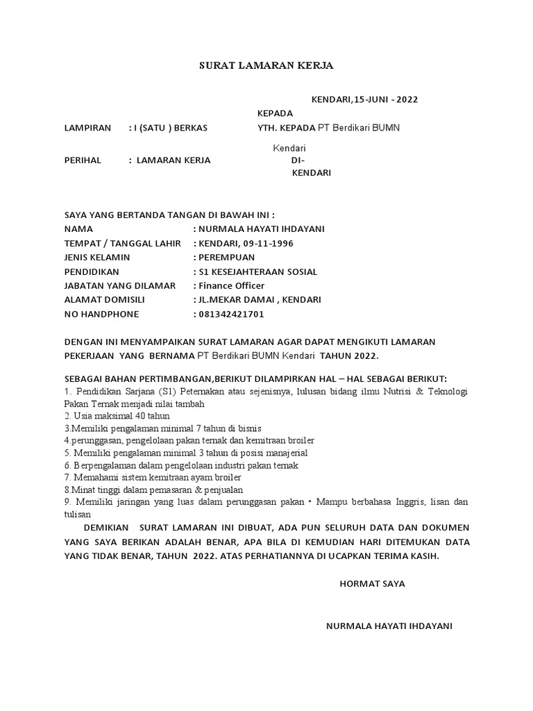 Surat Lamaran Kerja (Bumn) | PDF