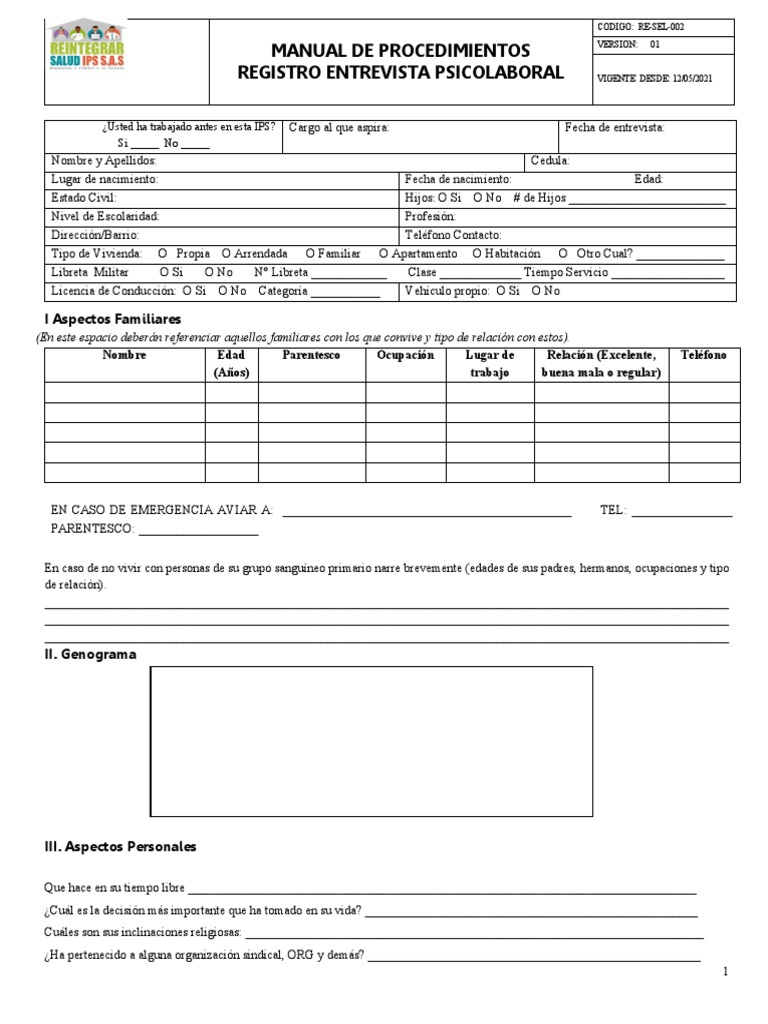 TH - Sel - 001 Formato Entrevista Reintegrar | PDF | Trastorno mental | Medicina