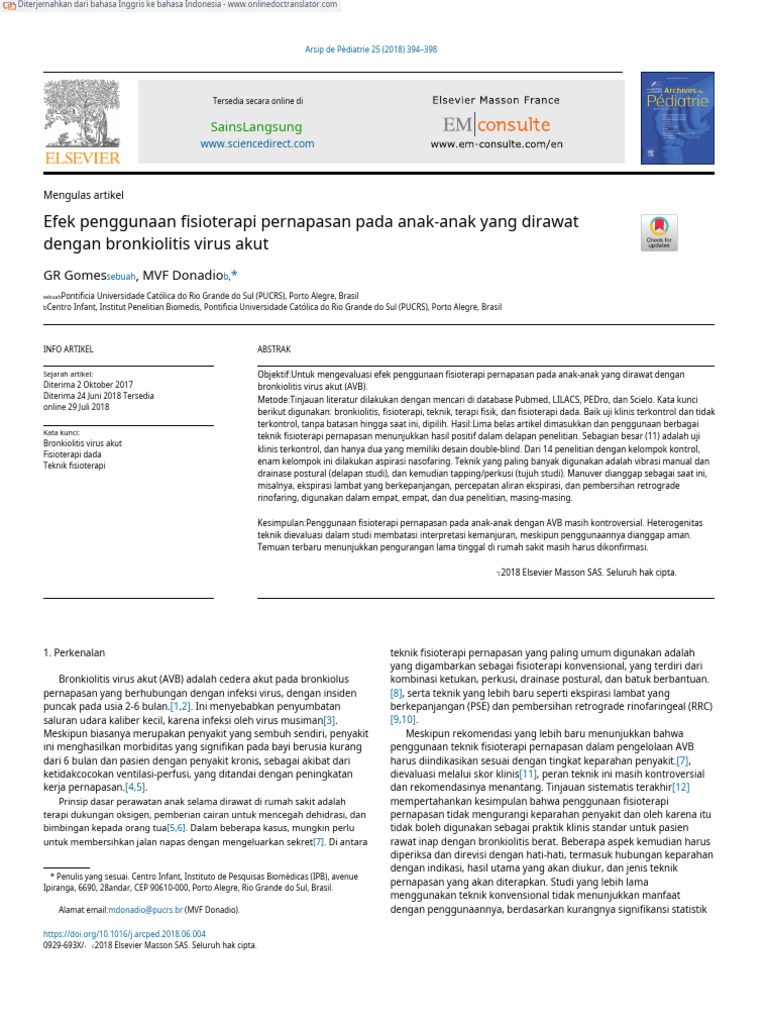 Efek Fisioterapi Pernapasan pada Anak dengan Bronkiolitis Virus Akut | PDF
