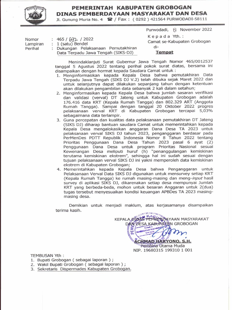 Dukungan Pelaksanaan SIKS DJ Data Terpadu Jateng | PDF