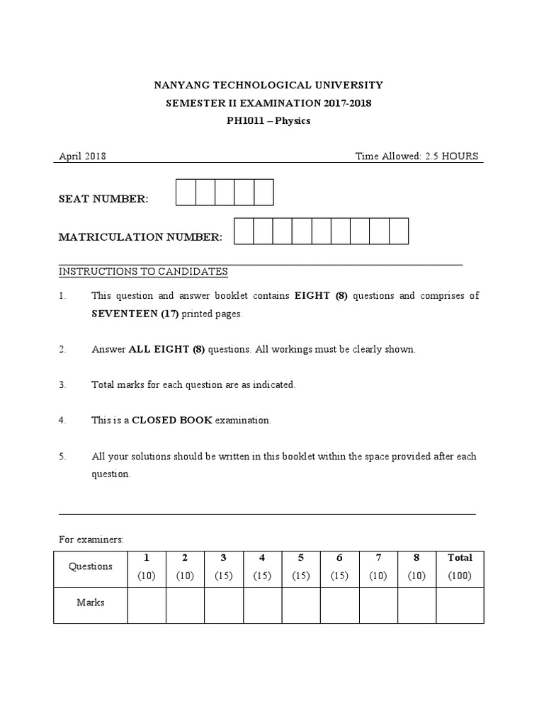 PH1011 2017-2018 Semester 2 | PDF