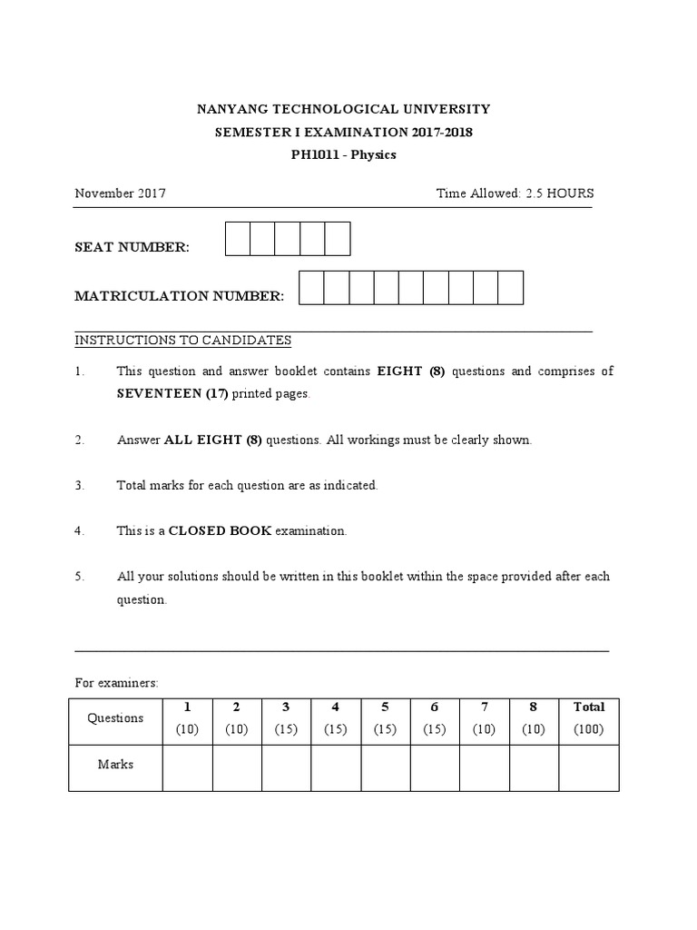 PH1011 2017-2018 Semester 1 | PDF