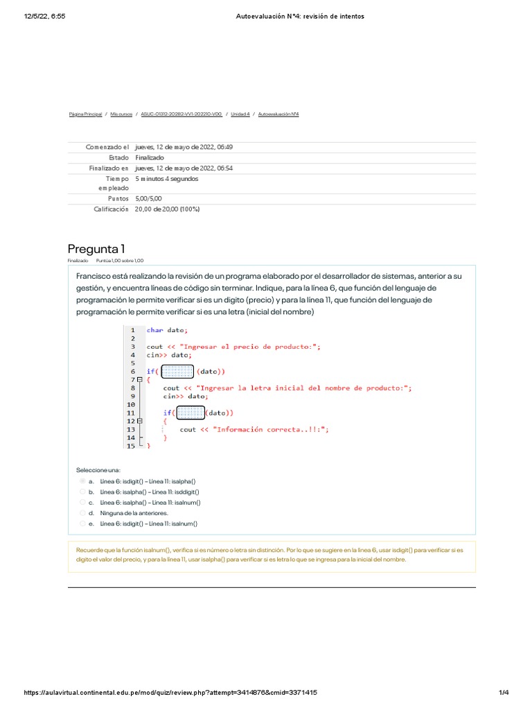 Autoevaluación N°4 - Revisión de Intentos Programacion | PDF | Matemáticas | Programación de ...