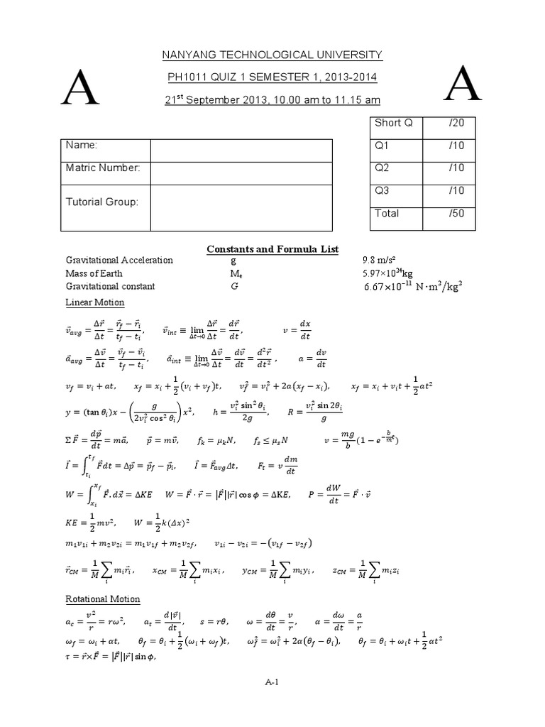 2013-2014 PH1011 Quiz 1 | PDF | Momentum | Mass