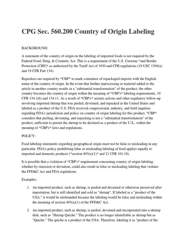 CPG Sec. 560.200 Country of Origin Labeling | PDF