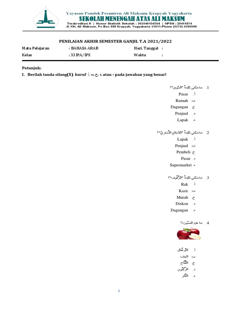 Soal PAS Ganjil Bahasa Arab Kelas XI | PDF