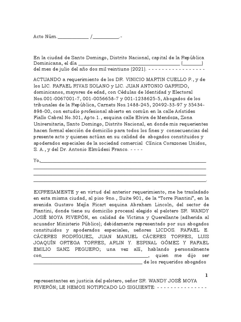 Acto de Notificación de Instancia Solicitud Nombramiento Peritos - CCU - Wandy Moya - 4ta. Sala ...
