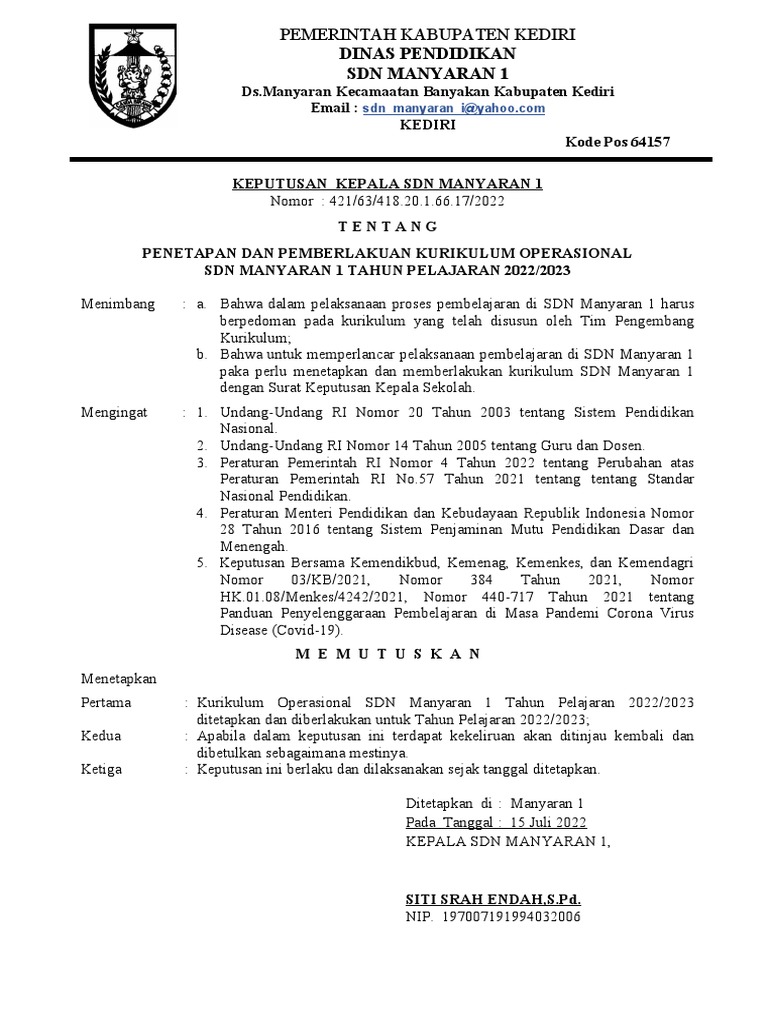 Kurikulum Operasional SDN Manyaran 1 2022 | PDF