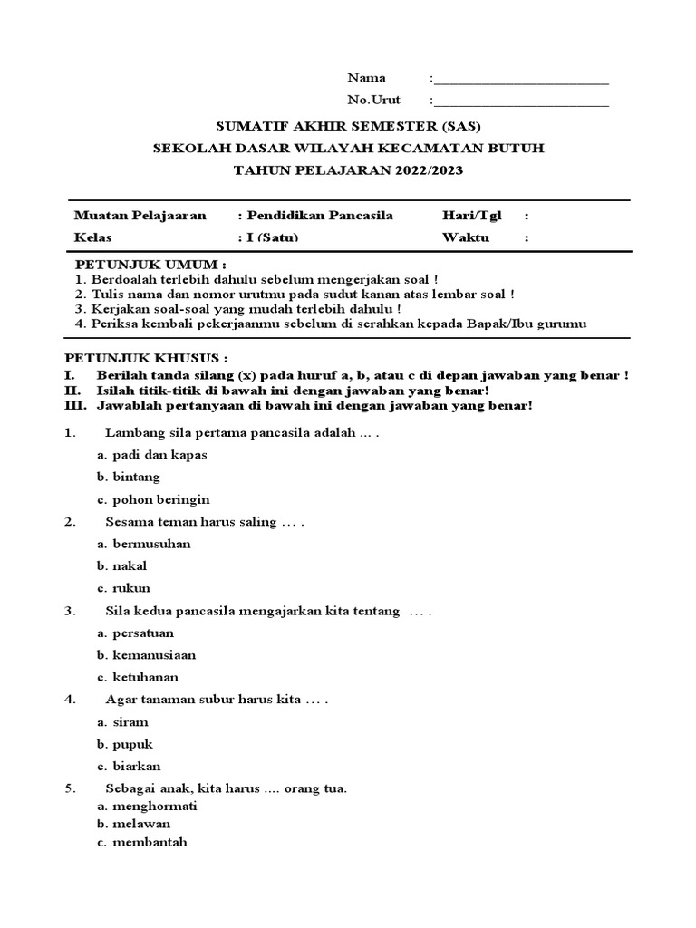 Soal Sas KLS 1 22 - 23 PKN | PDF | Griya & Taman