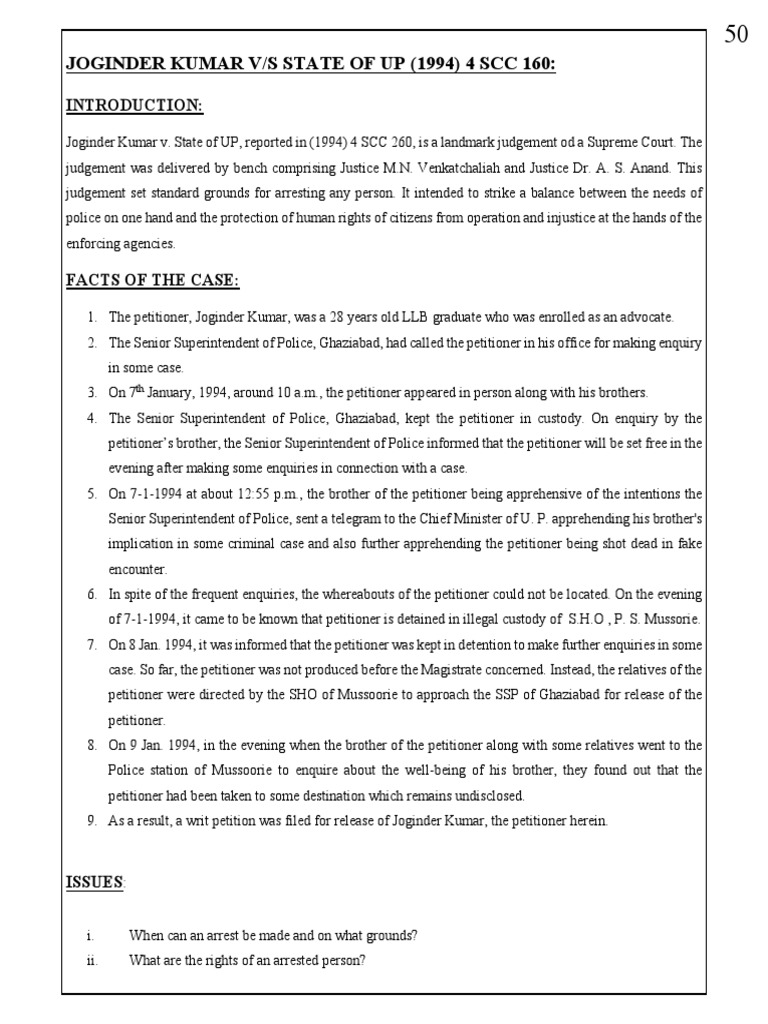 Joginder Kumar V/S State of Up (1994) 4 SCC 160 | PDF