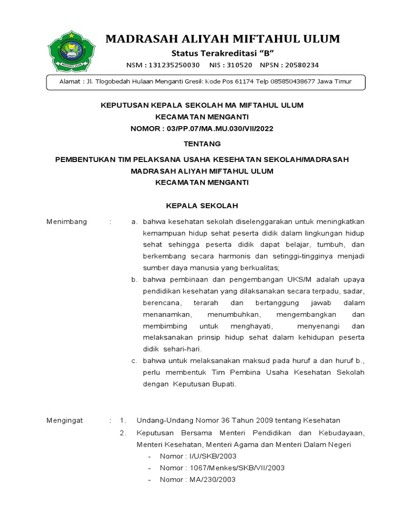 Contoh SK Tim Pelaksana Uks | PDF