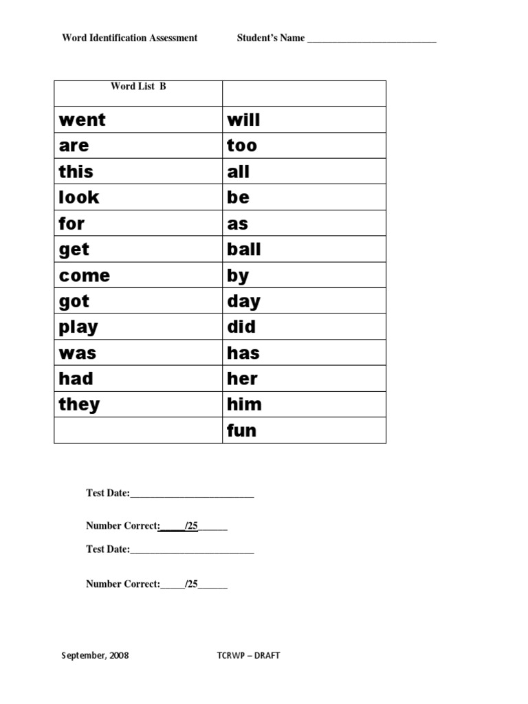 Sight Word Assessment Tool Set B | PDF