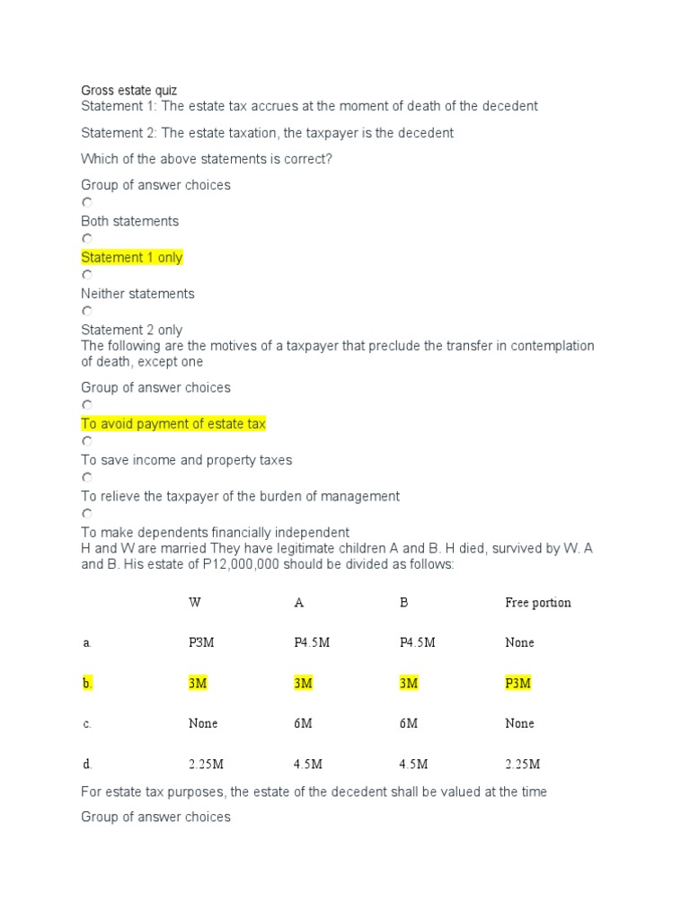 Gross Estate Quiz | PDF | Estate Tax In The United States | Gross Income