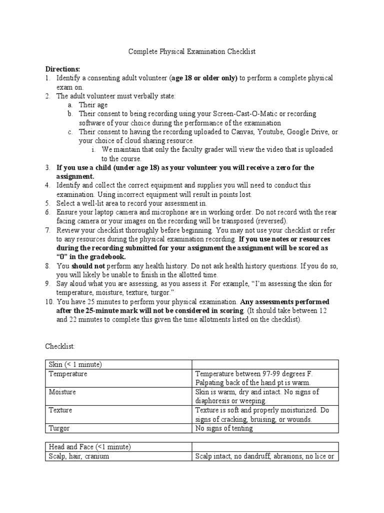 Complete Physical Examination Checklist | PDF | Abdomen | Somatosensory ...