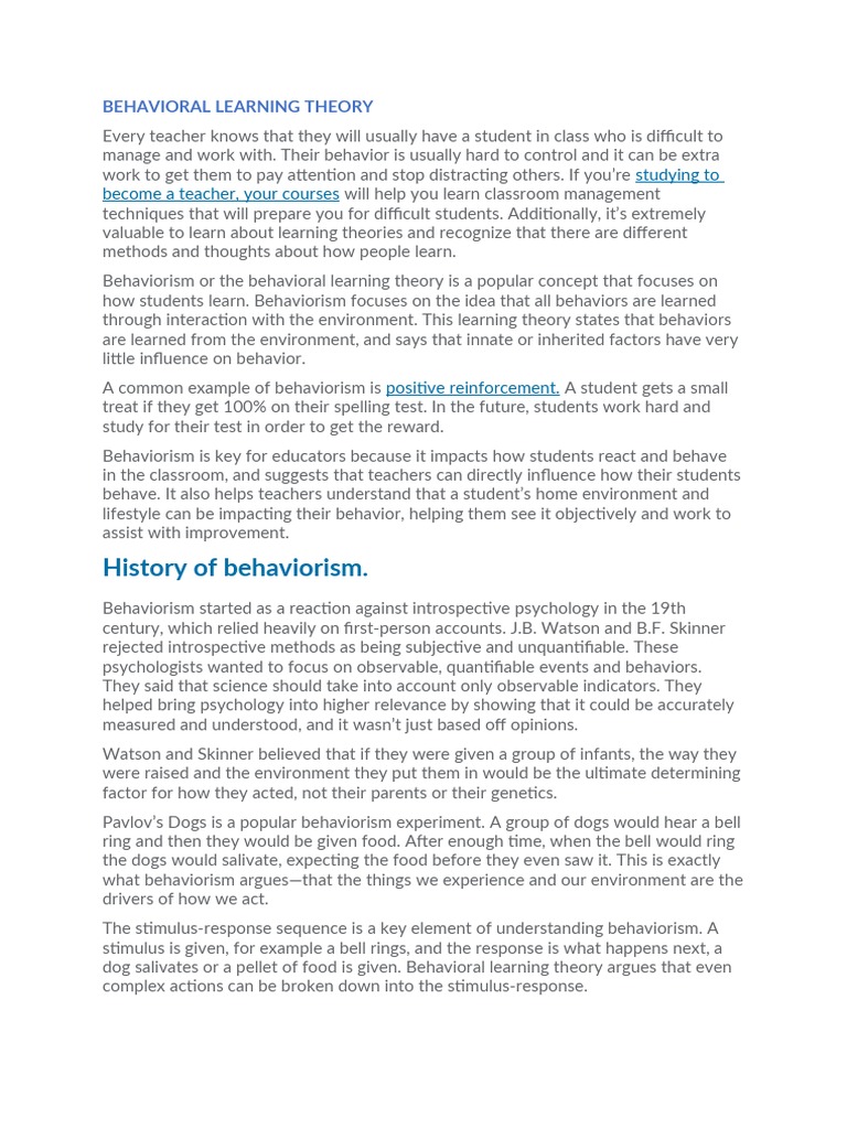 Behaviorism Theory | PDF | Behaviorism | Learning