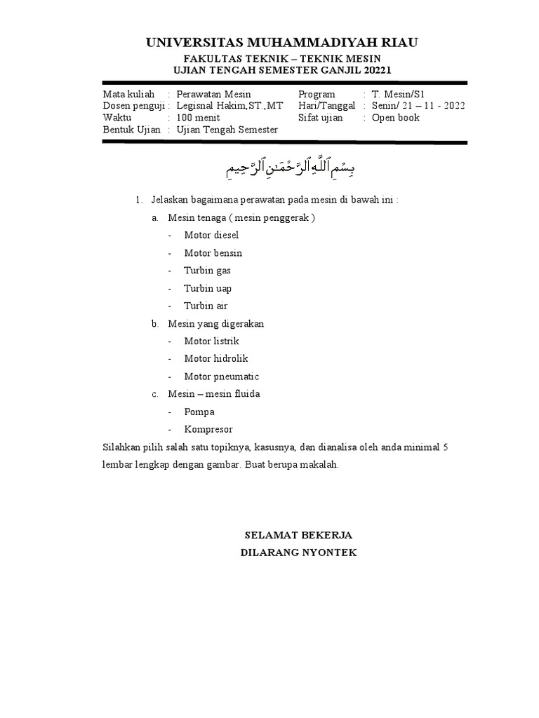 Soal Uts Perawatan Mesin 20221 | PDF
