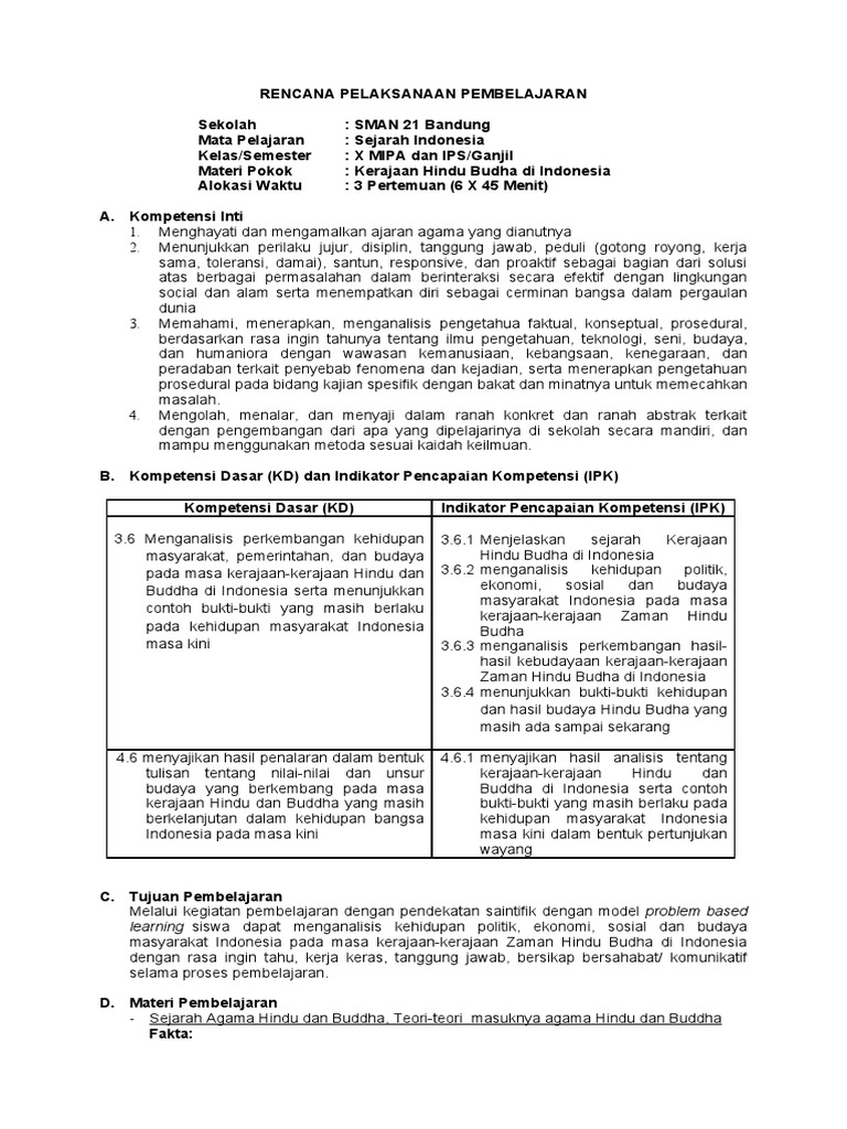 RPP 7 Kerajaan Hindu Buddha Di Indonesia | PDF