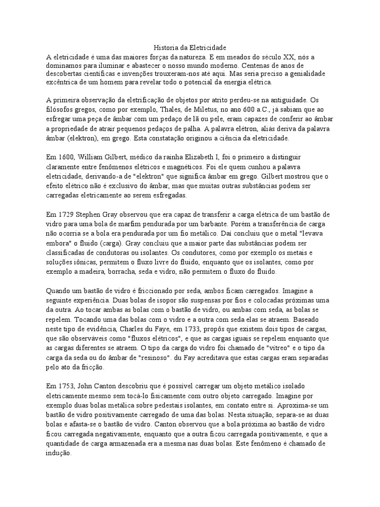 Historia Da Eletricidade Pdf Carga Elétrica Eletricidade
