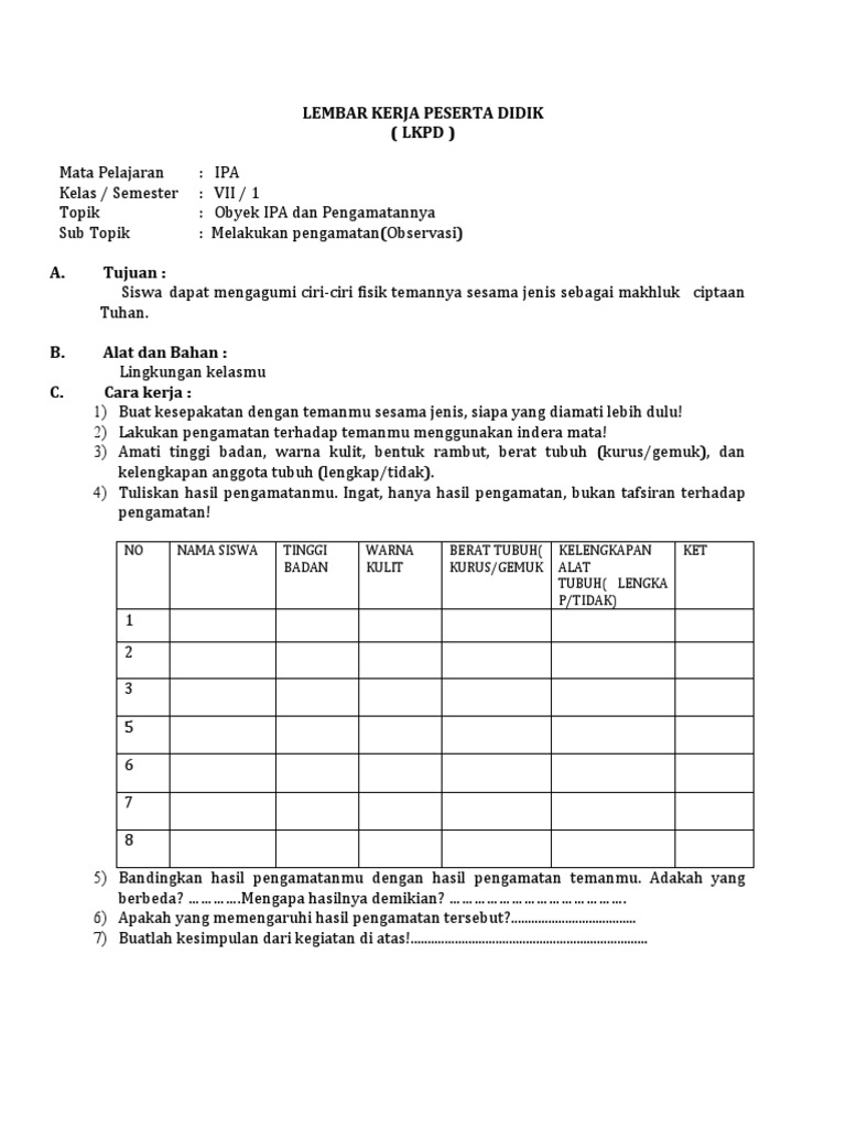 Contoh Lembar Kegiatan Siswa Lks Ipa Klas Vii SMP | PDF