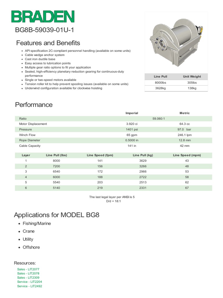 Specifications and Performance Details of the MODEL BG8 Industrial Winch for Various Lifting ...