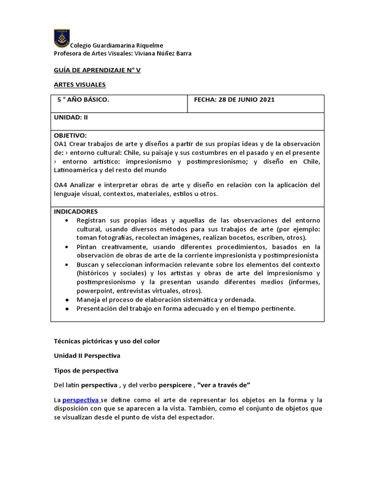 GUÍA DE APRENDIZAJE V, 5° Básico | PDF | Perspectiva (Gráfica) | Dibujo