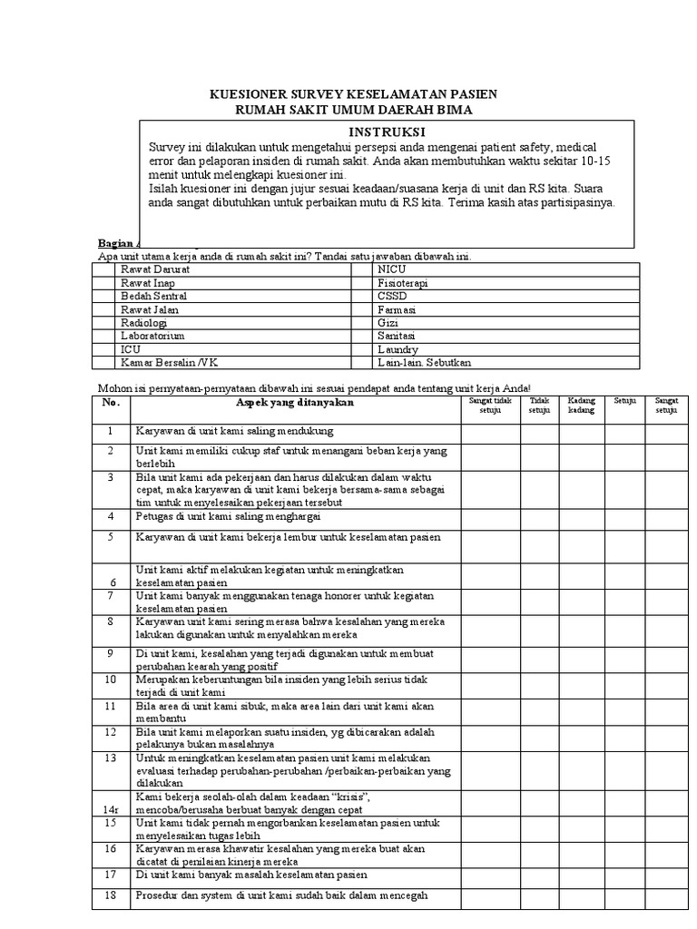 Kuesioner Survey Budaya Patient Safety | PDF