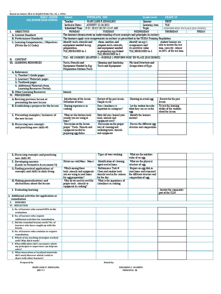 Grade 10 TLE Daily Lesson Log: Egg Dishes | PDF