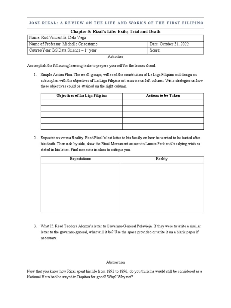 Rizal Chapter 5 Exercise | PDF